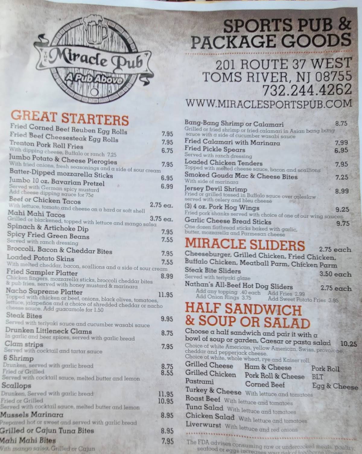 Menu at Miracle Pub, Toms River