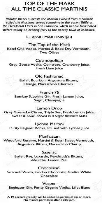 Menu at Top of the Mark pub & bar, San Francisco, 999 California St