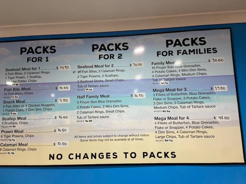 Menu at Top of the Town Fish & Chips restaurant, Echuca