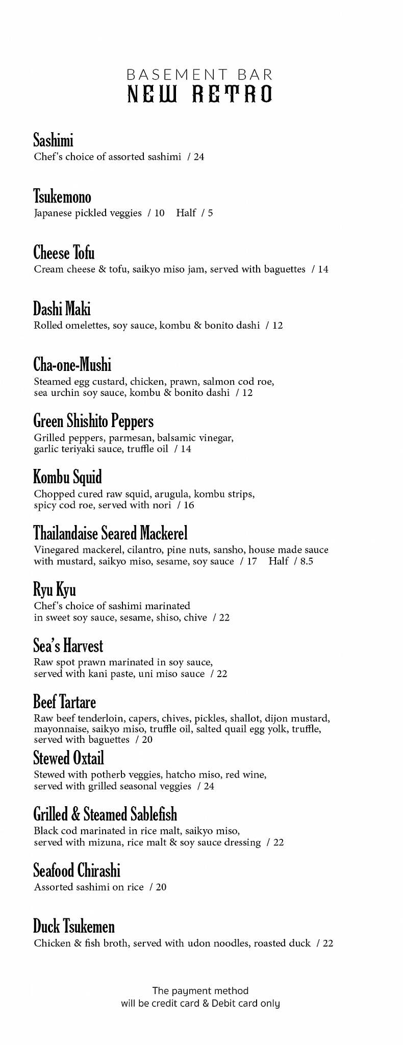 Menu at NEW RETRO - BASEMENT BAR, Toronto