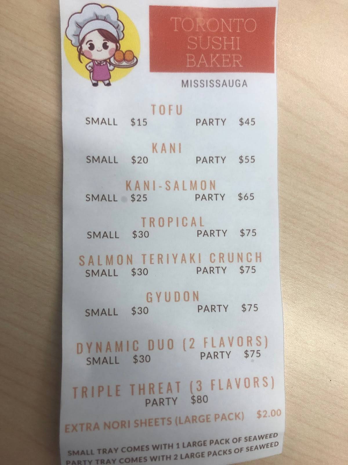 Menu at Toronto Sushi Baker restaurant, Brampton