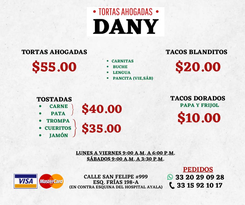 Menu at Tortas Ahogadas DANY sucursal restaurant, Guadalajara