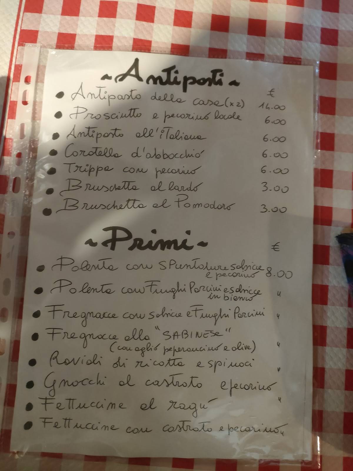 Menu da Trattoria Il Vigneto ristorante, Colle di Tora, Via Turanense