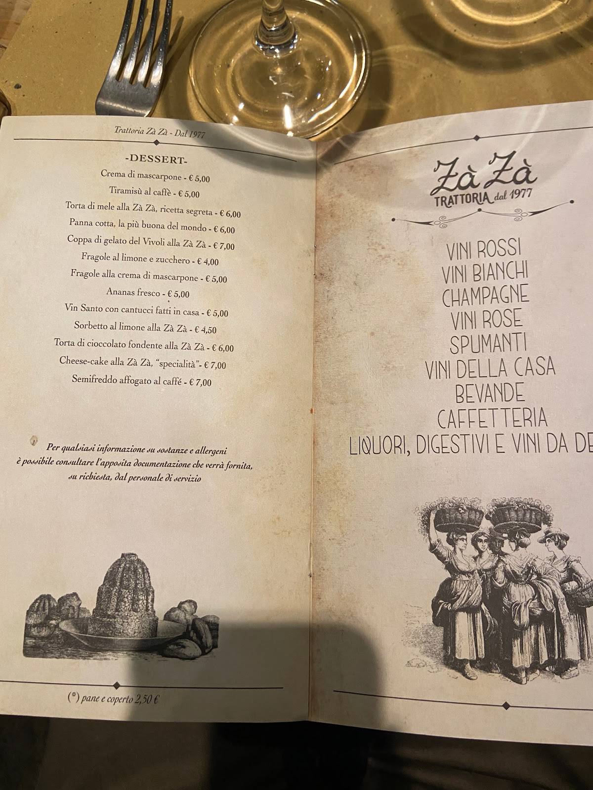 Carta del restaurante Trattoria Zà Zà, Florencia, Piazza del Mercato ...