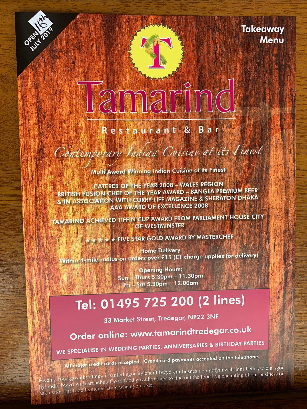 Menu at Tamarind Restaurant & Bar Tredegar, Tredegar