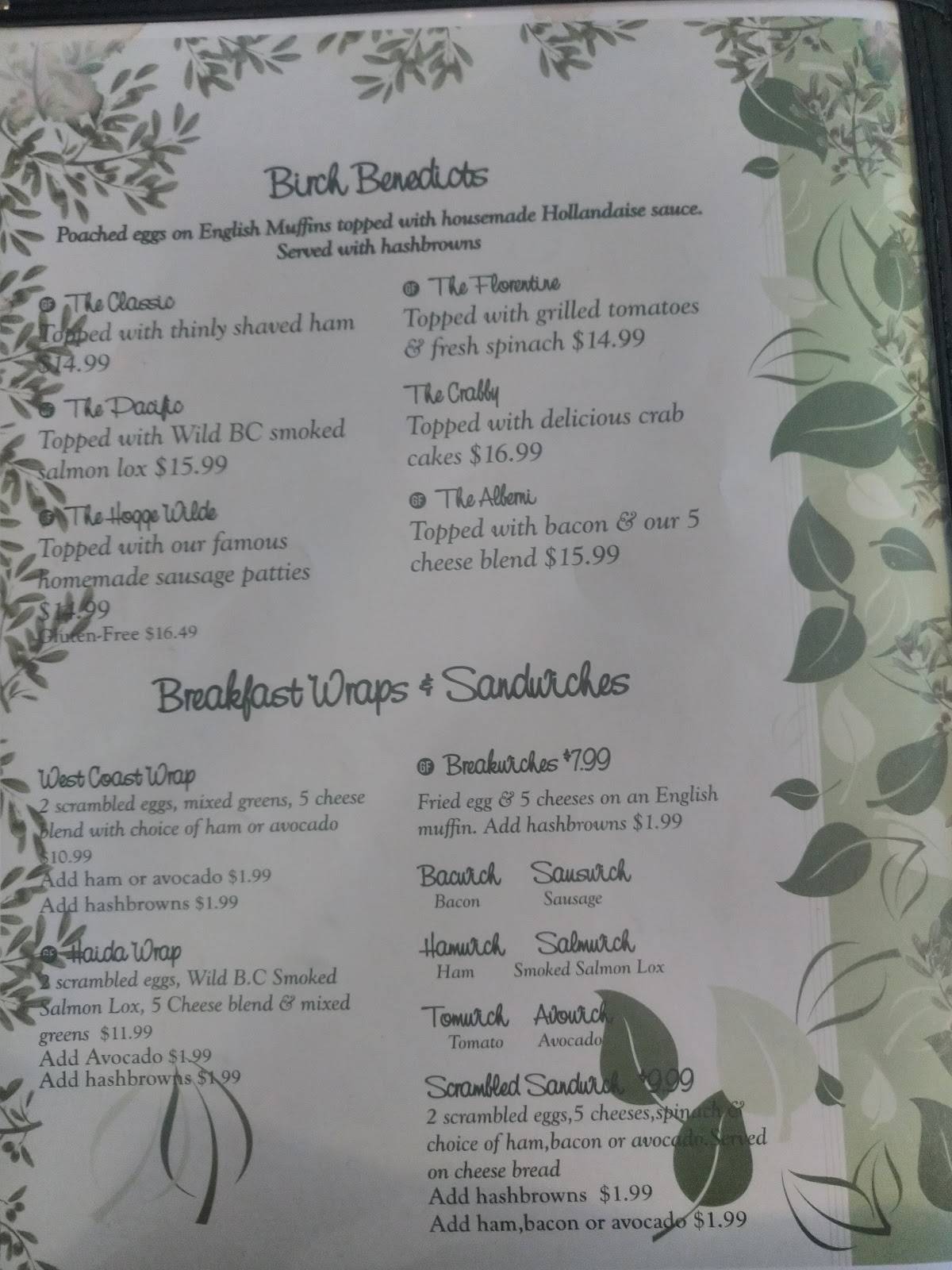 Menu at Trees Restaurant & Bakery, Parksville