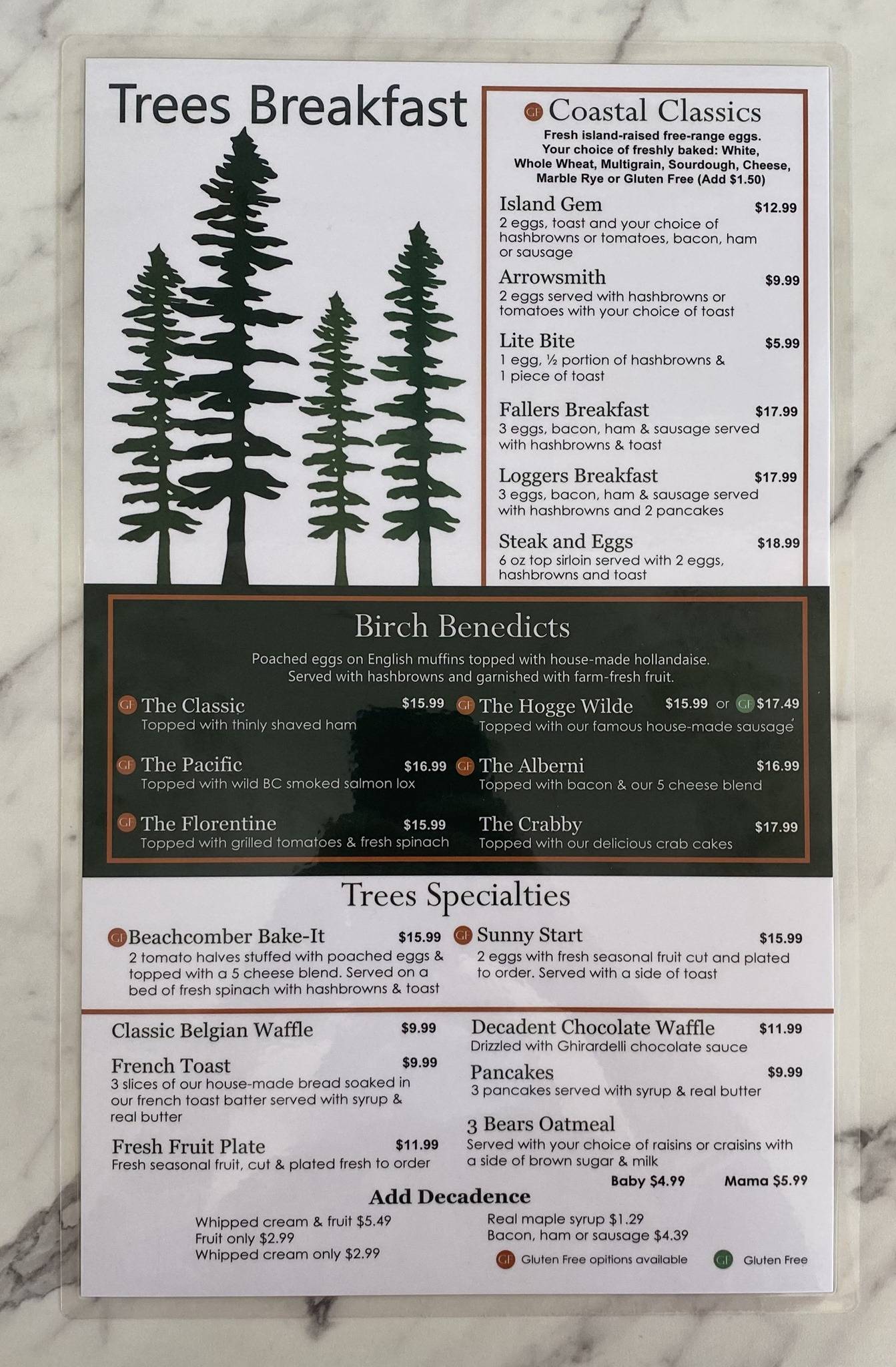 Menu at Trees Restaurant & Bakery, Parksville