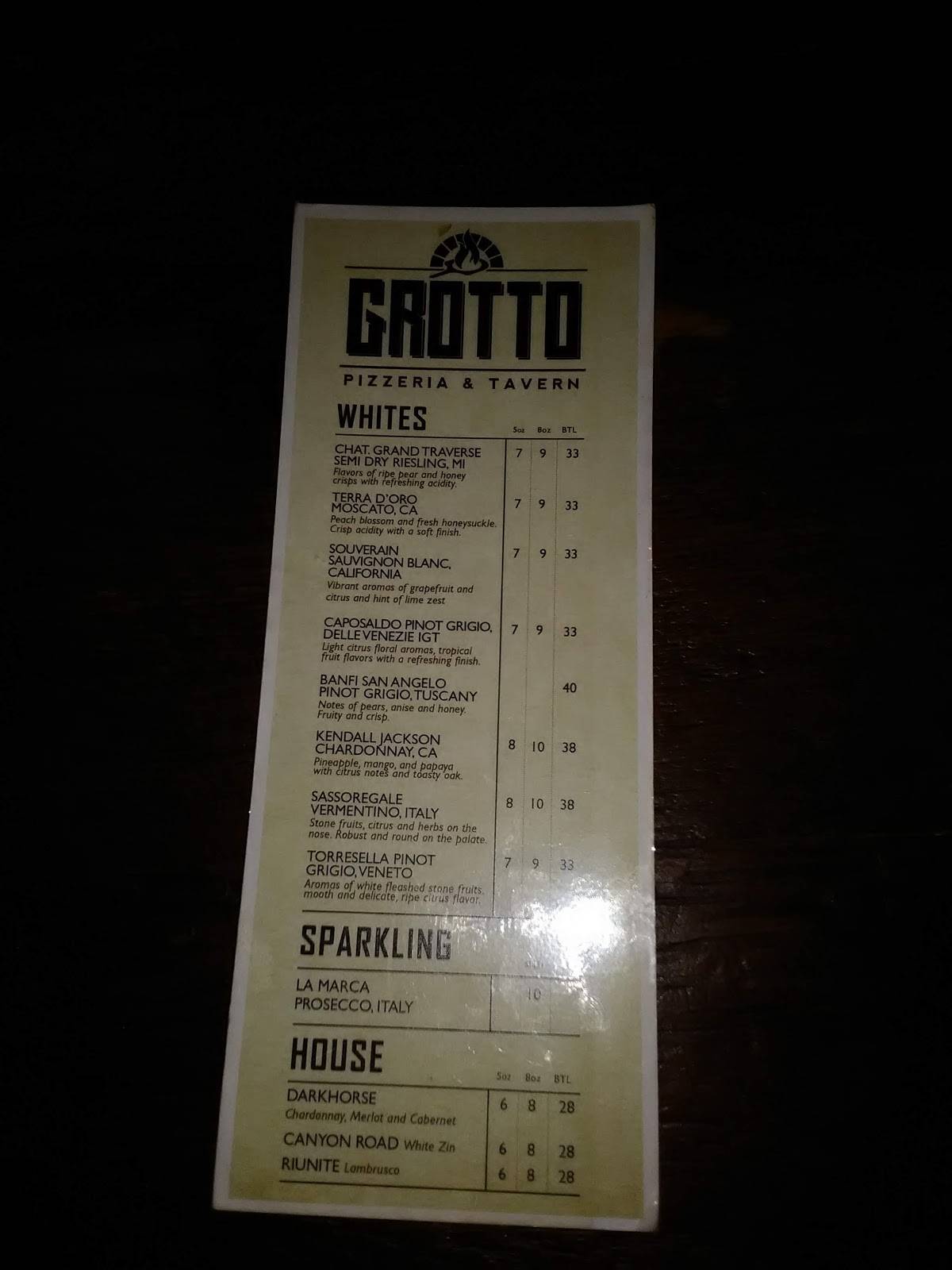 Menu at Grotto Pizzeria & Tavern, Trenton