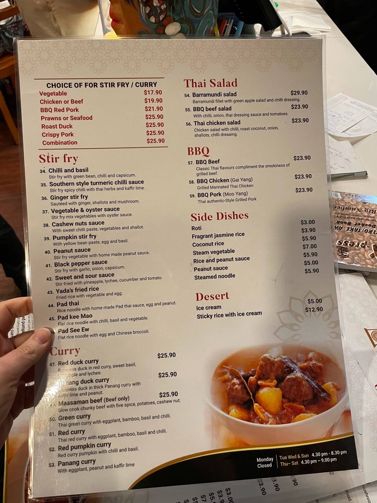 Menu at YADA Thai Restaurant Trinity Beach, Trinity Beach