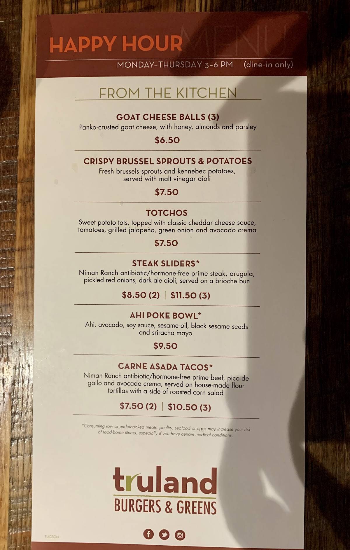 Menu at Truland Burgers & Greens Tucson pub & bar, Tucson