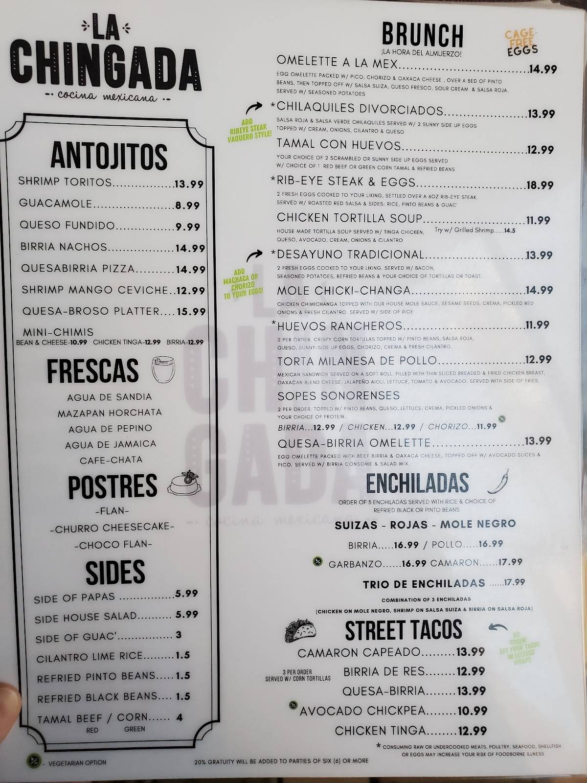 Menu at La Chingada Cocina Mexicana restaurant, Tucson
