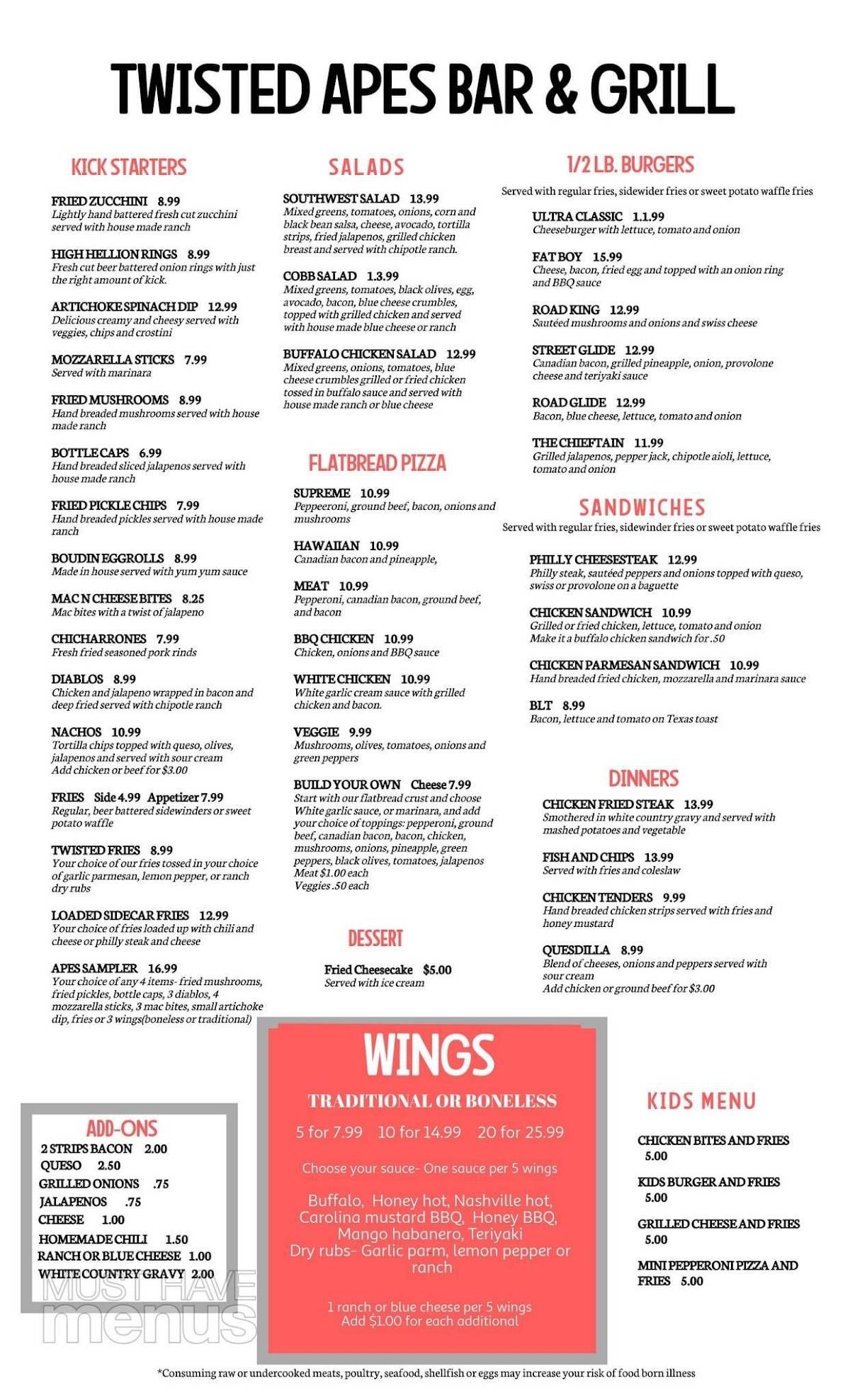 Menu at Twisted Apes Bar & Grill, Ingleside