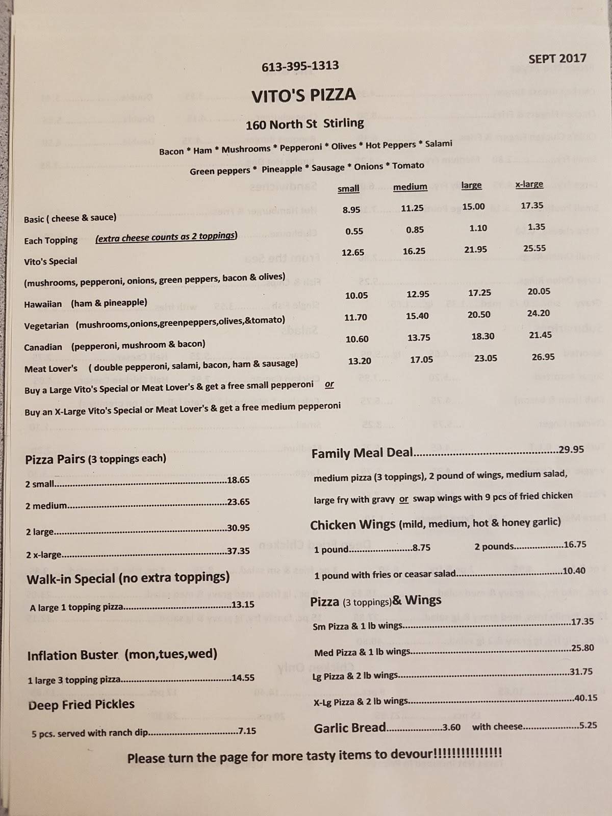 Menu at VITO'S Pizza restaurant, Stirling, 160 North St