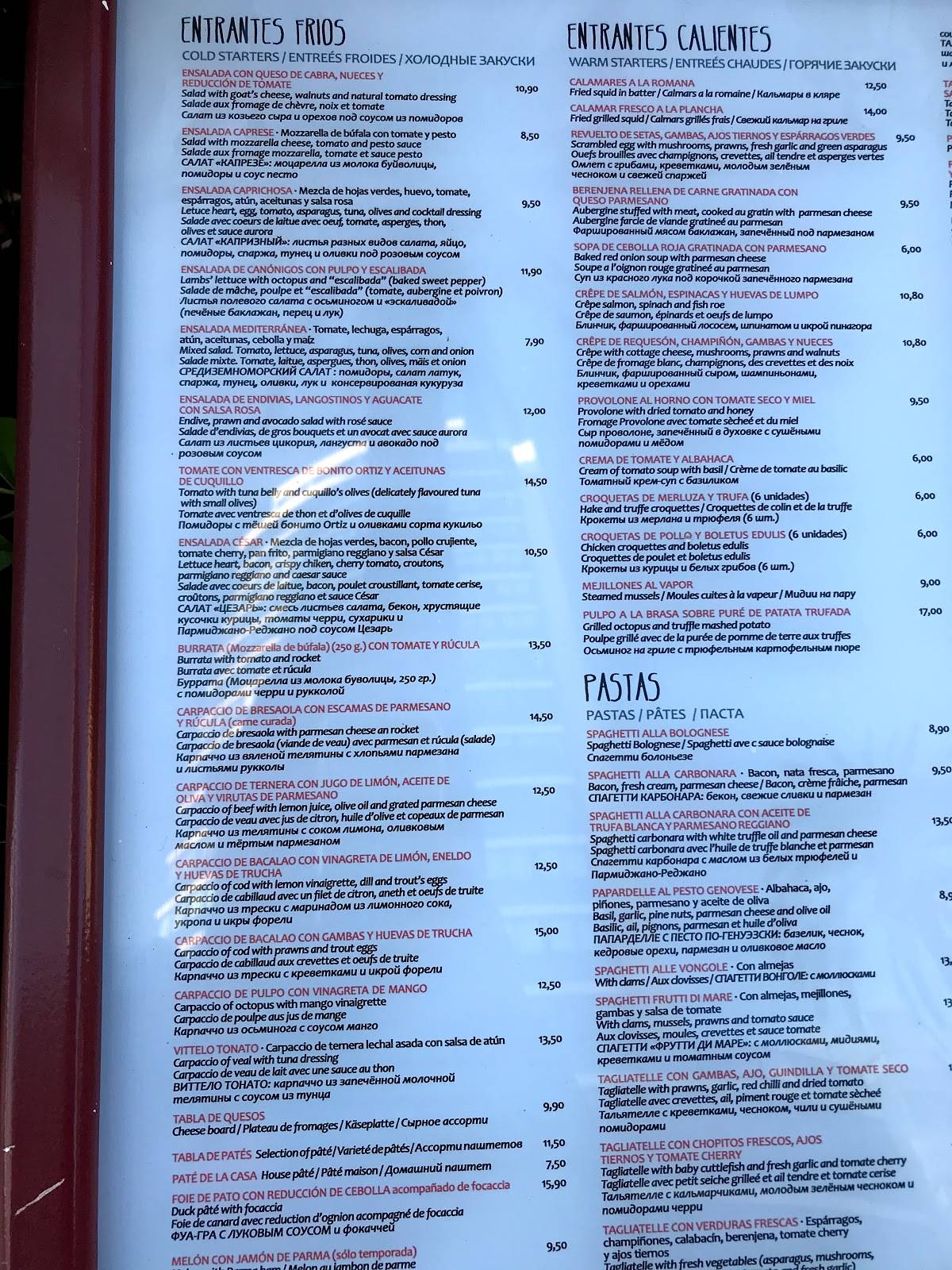 Carta de pizzería Va bene, Benidorm, Calle bilbabo 3