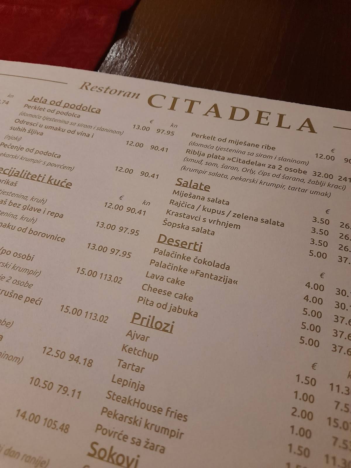 Menu at Restoran Citadela restaurant, Vardarac, Ul. Šandora Petefija 39