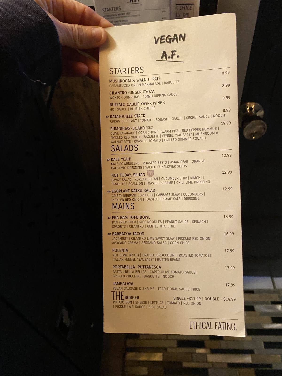 Menu at Vegan A.F. restaurant, Brattleboro