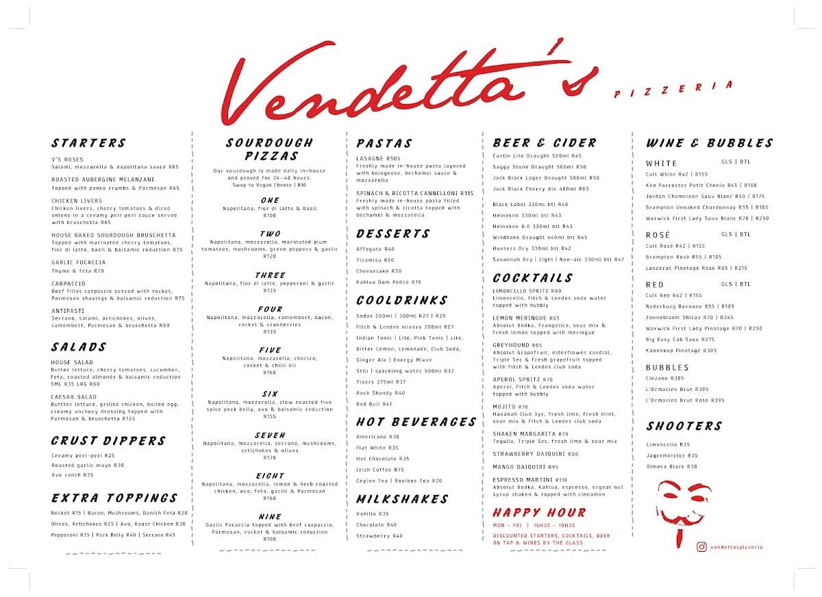 Menu at Vendetta's Pizzeria, Stellenbosch