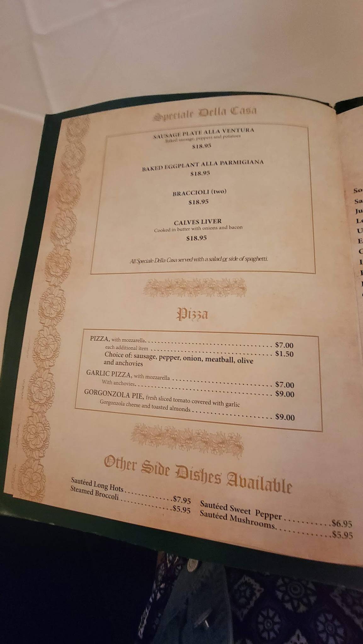 Menu at Ventura's restaurant, Utica