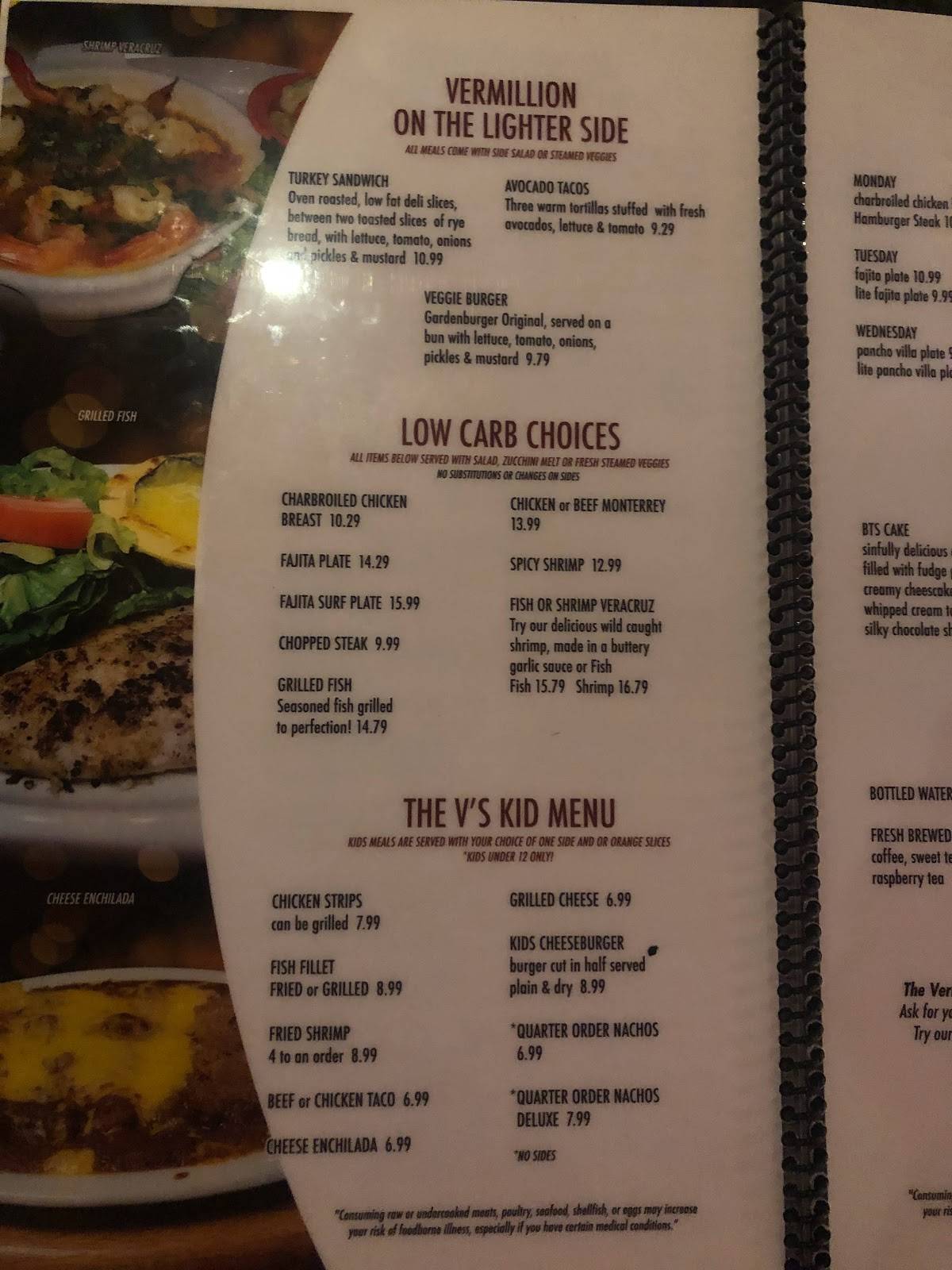 Menu at Vermillion Restaurant and Watering Hole, Brownsville