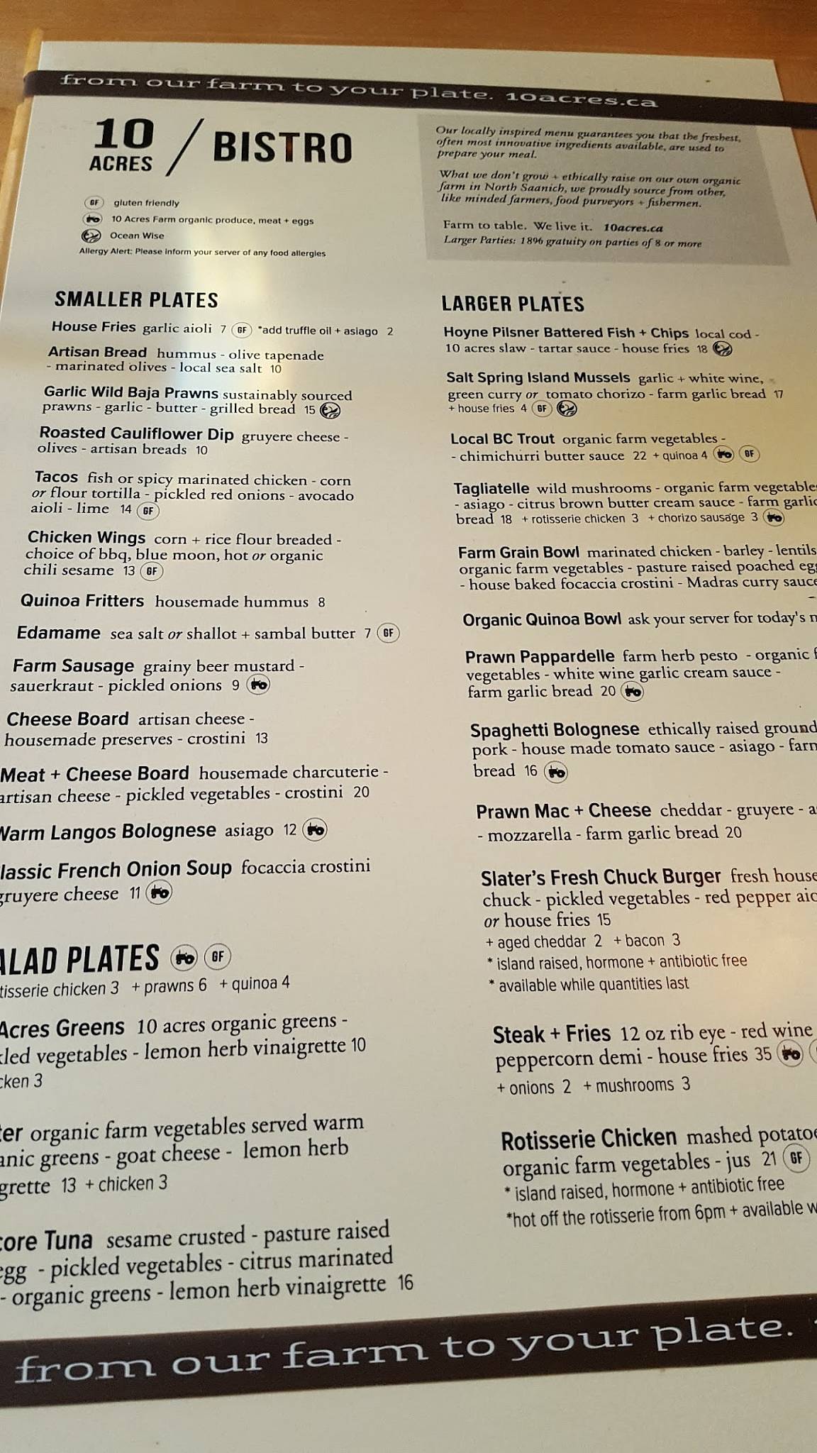 Menu at 10 Acres Bistro restaurant, Victoria