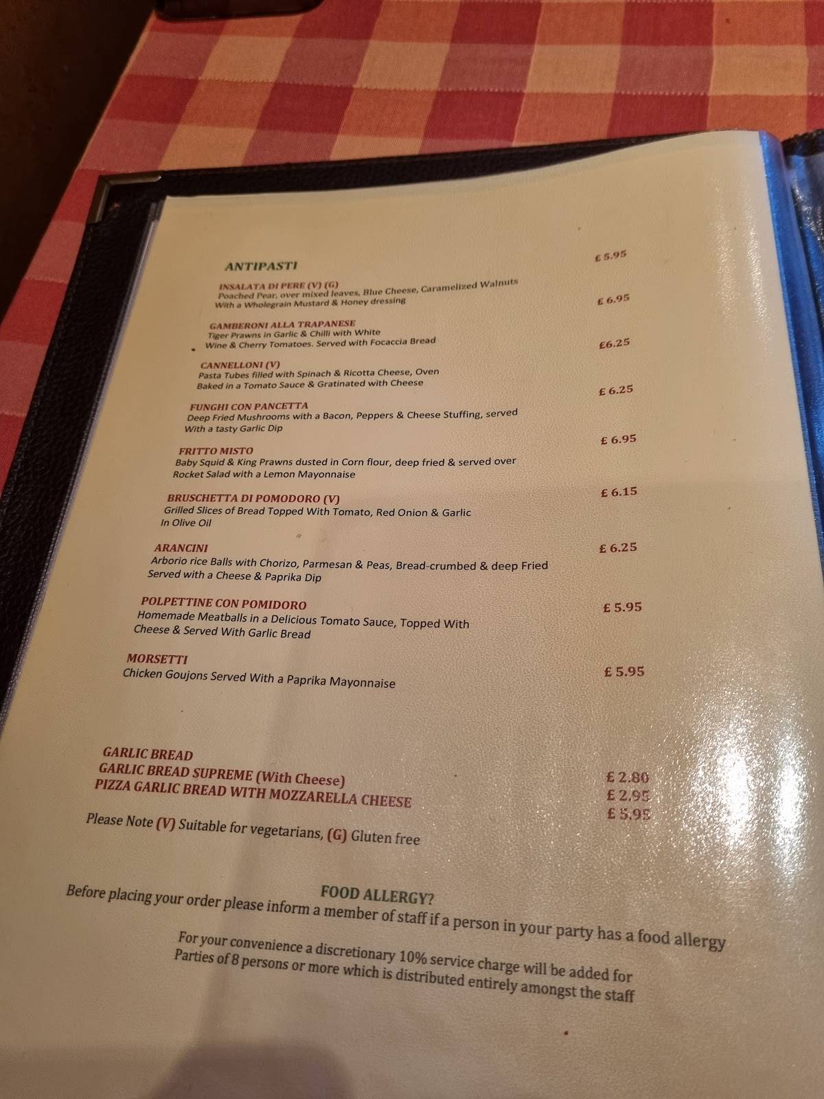 Menu at Villa Italia pizzeria, Belfast