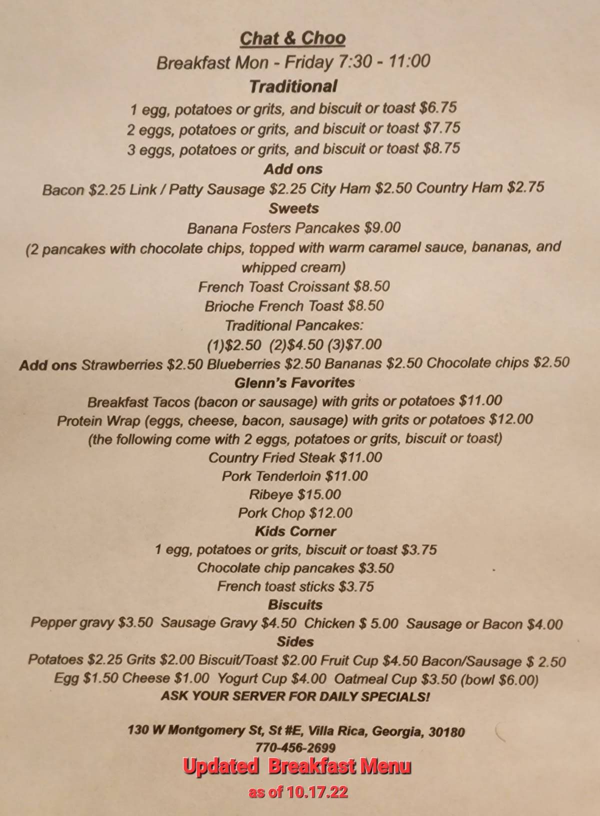 Menu at Chat & Choo LLC restaurant, Villa Rica