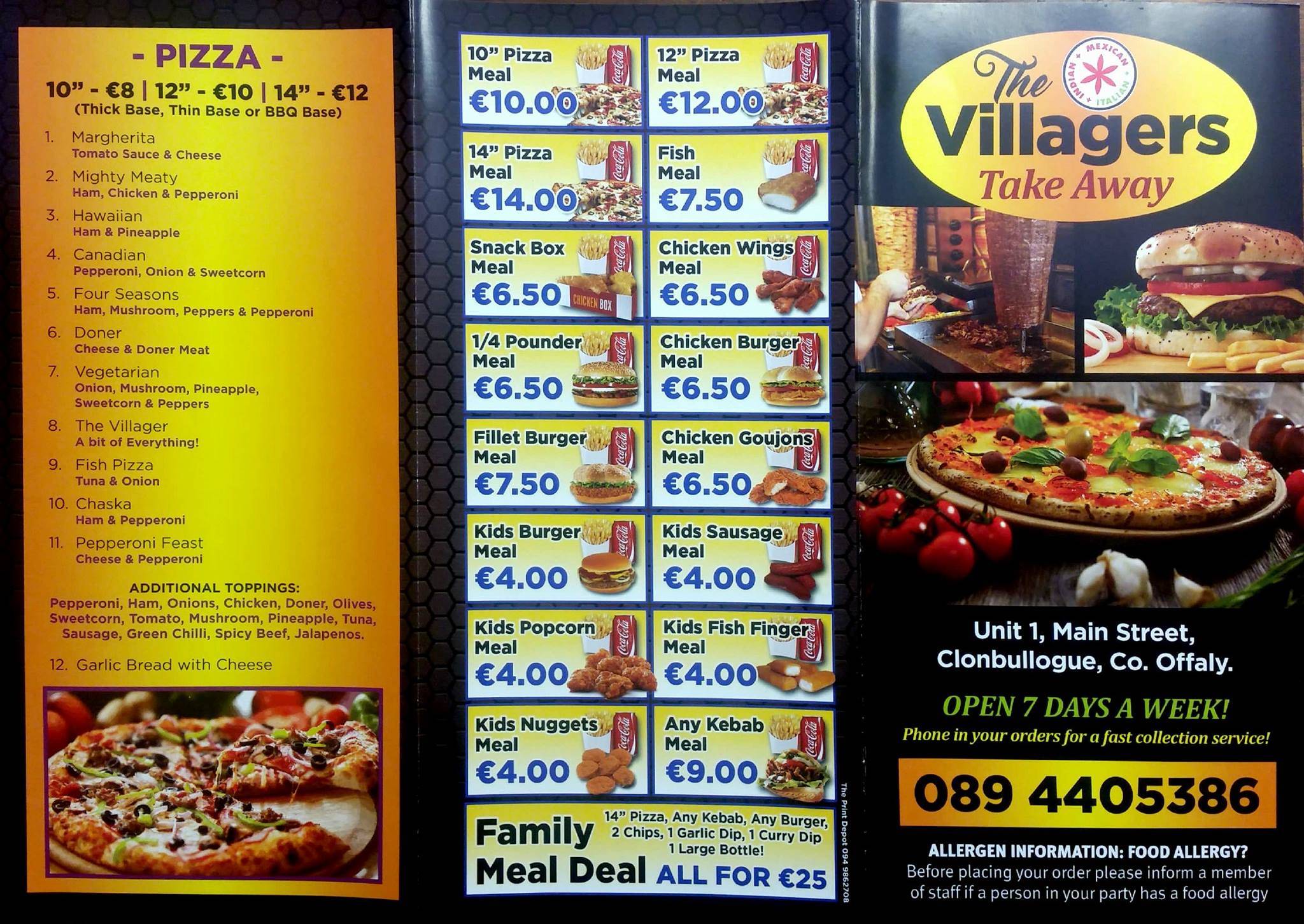 Menu at Villagers Takeaway fast food, Ireland