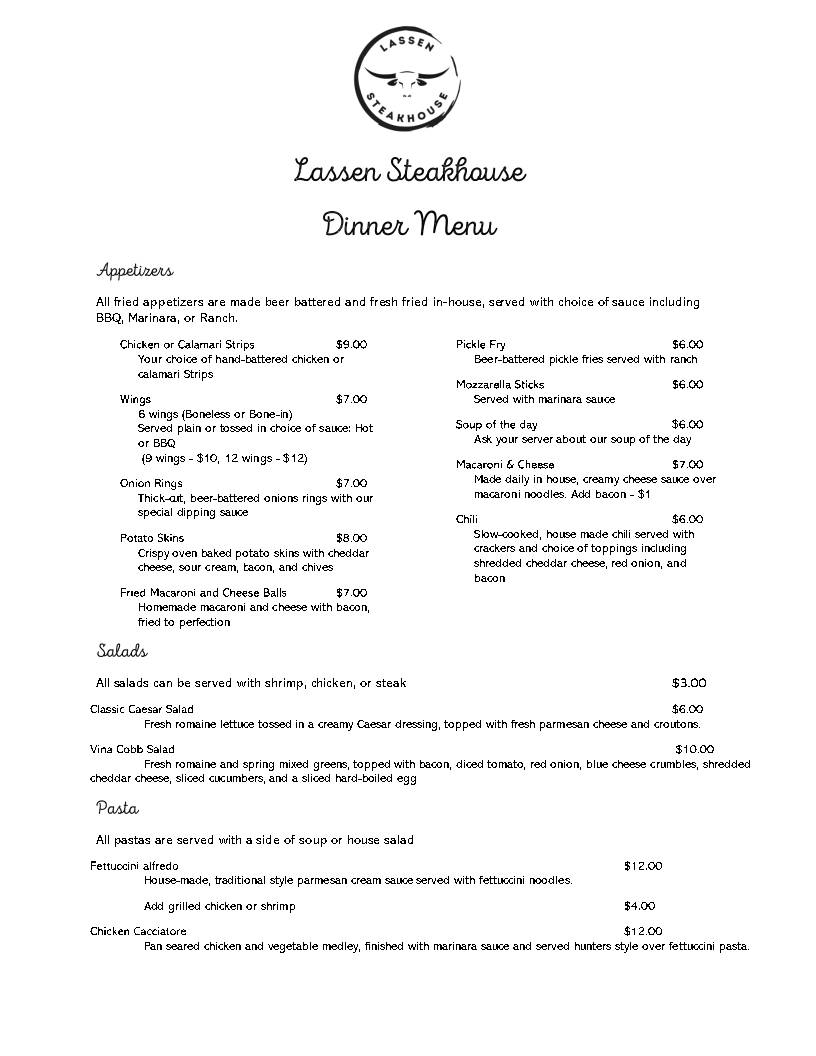 Menu at Lassen SteakHouse, Vina