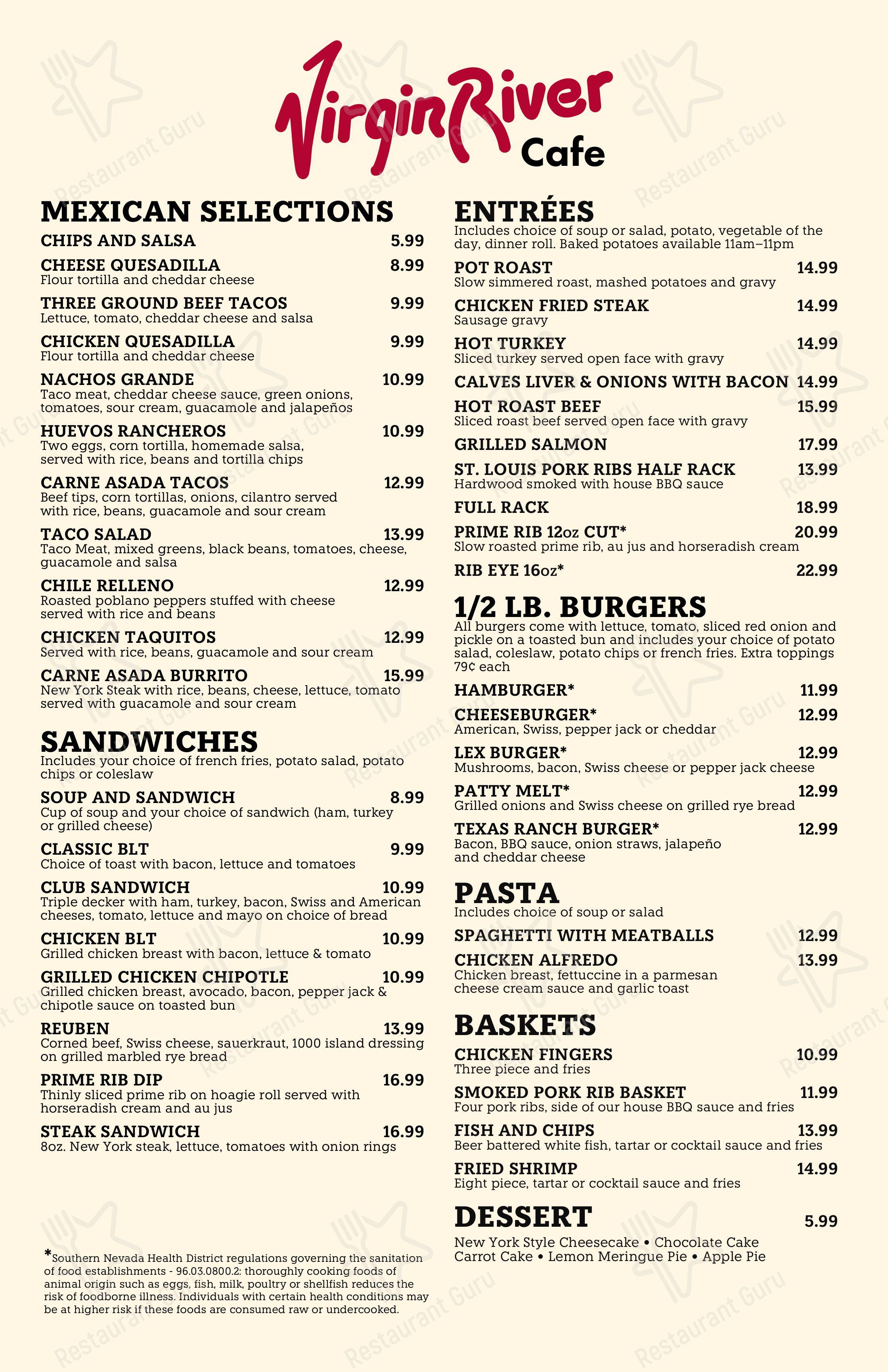Menu at Virgin River Hotel and Casino restaurant, Mesquite, 100 E ...