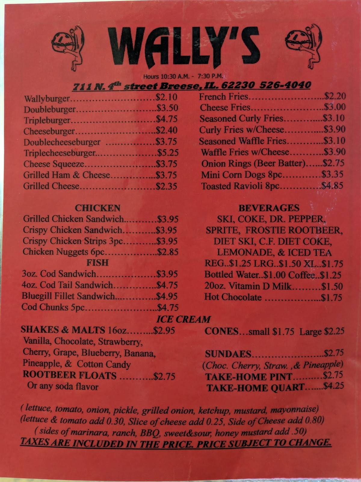 Menu at Wally's Drive-In fast food, Breese