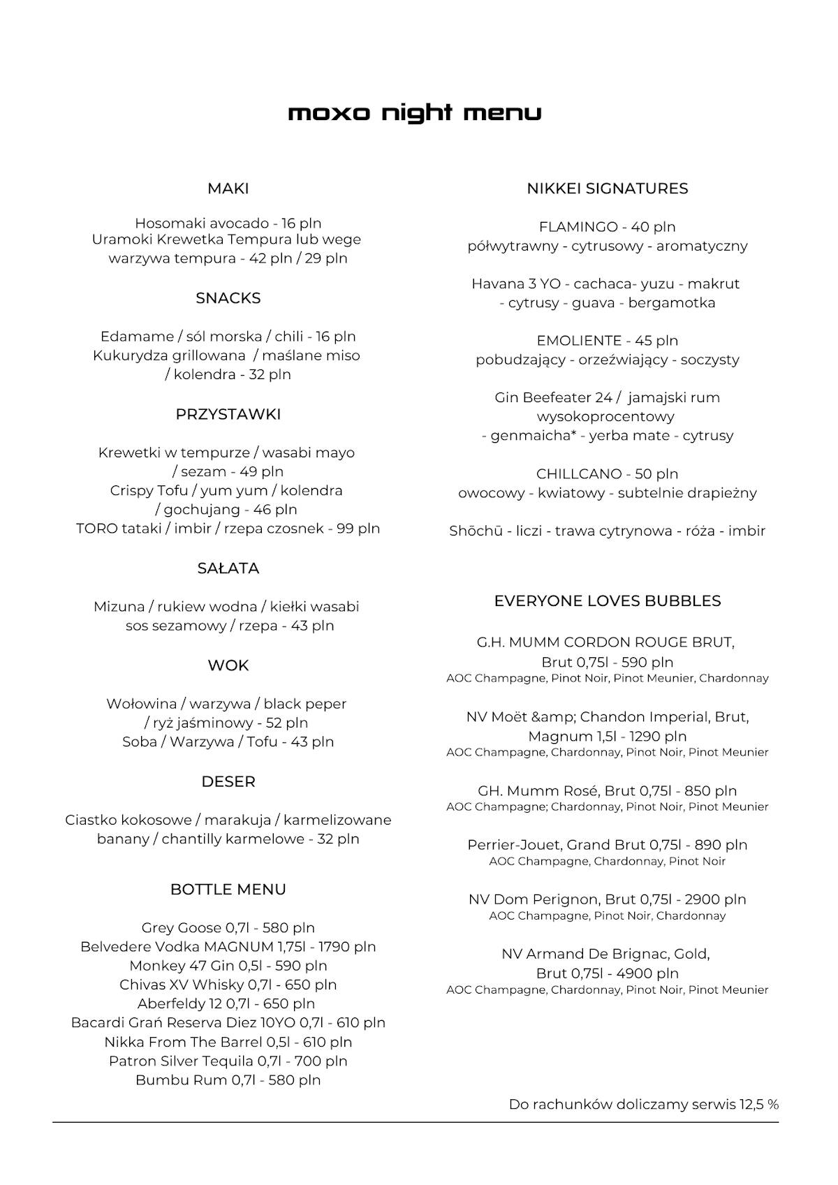 Menu at MOXO Restaurant & Club, Warsaw