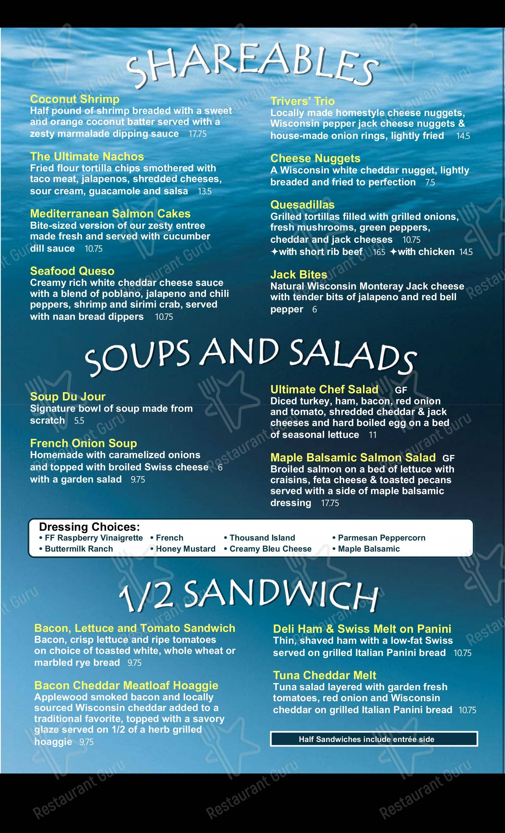 Menu at Water's Edge Restaurant, Two Rivers, Memorial Dr