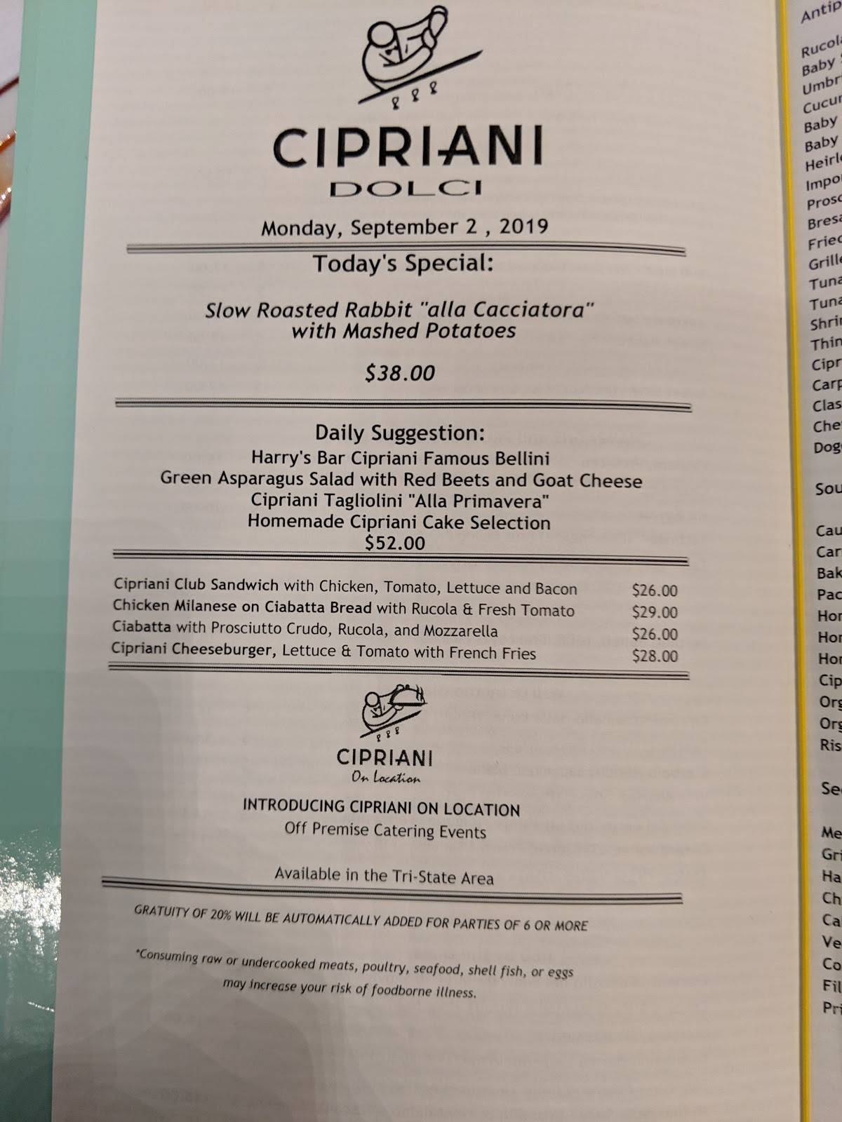 Menu at Cipriani Dolci restaurant, West New York