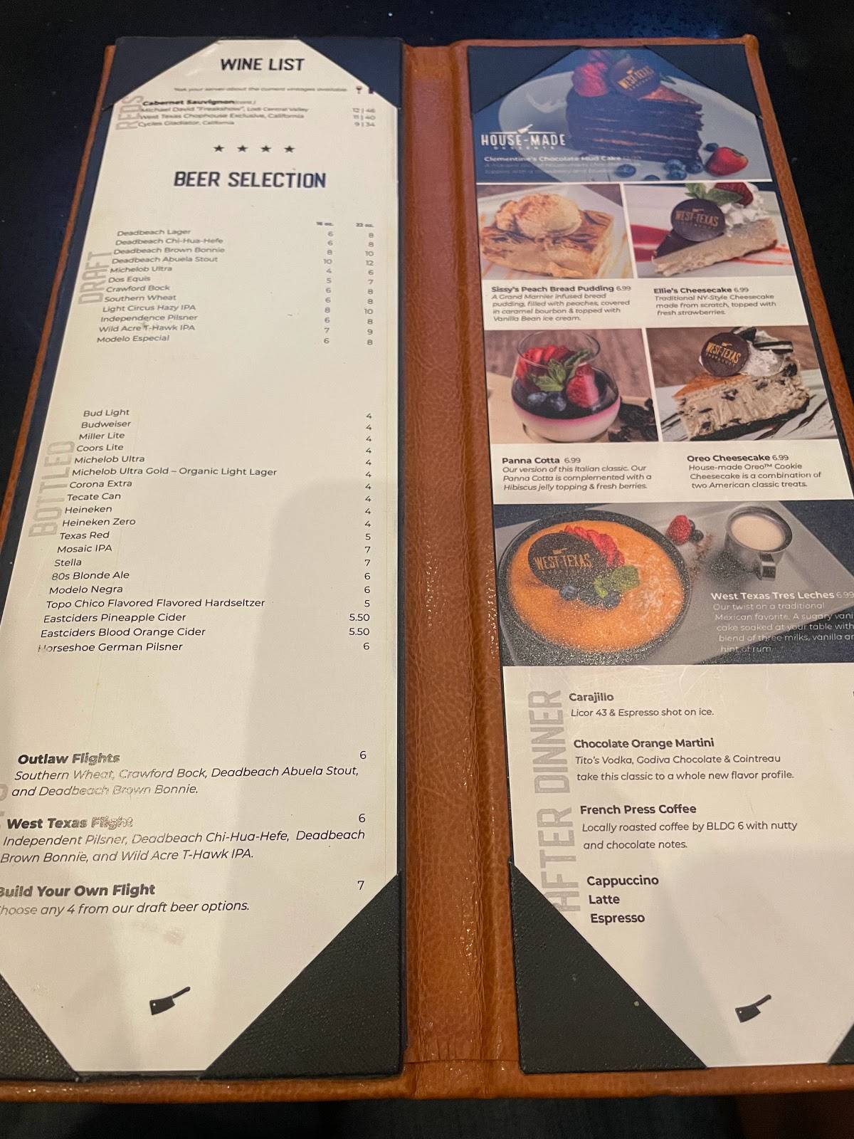 Menu at West Texas Chophouse steakhouse, El Paso