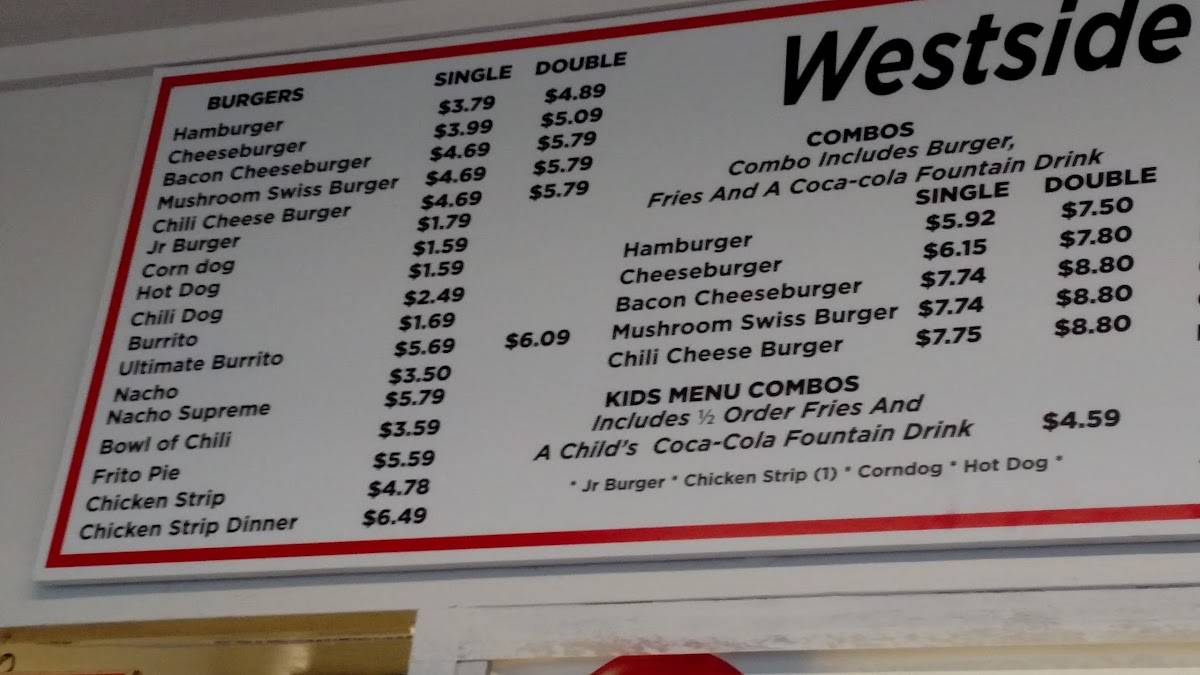 Menu at Westside Burger fast food, Springdale