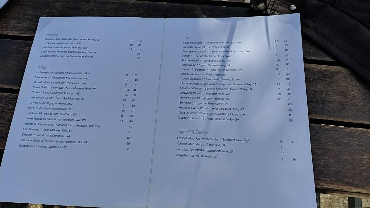 Menu at Whistling Kite restaurant, Secret Harbour