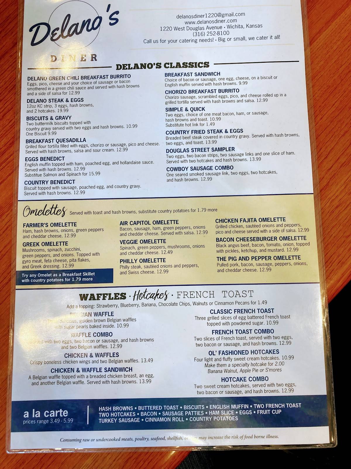 Menu at Delano's Diner restaurant, Wichita