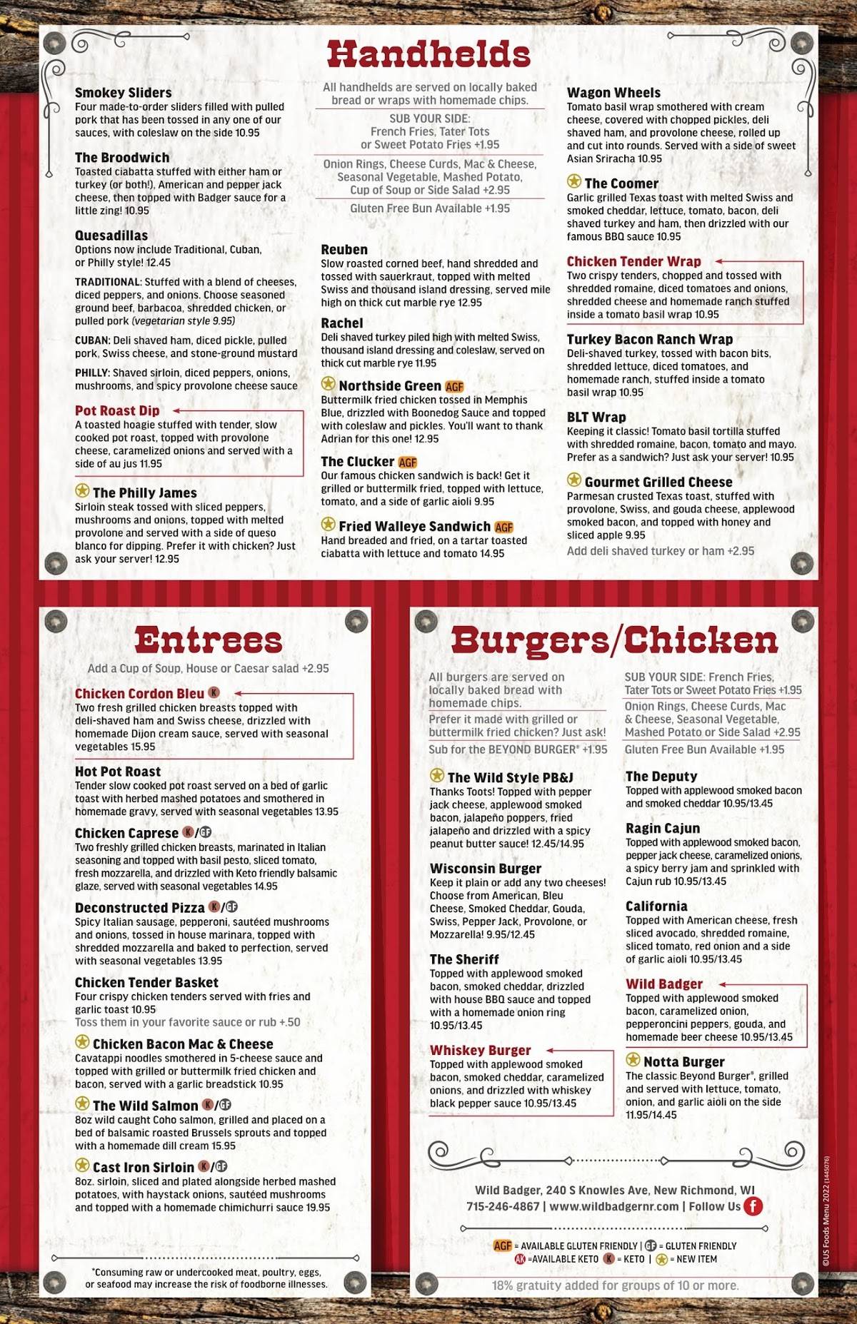 Menu at Wild Badger Sports Saloon pub & bar, New Richmond