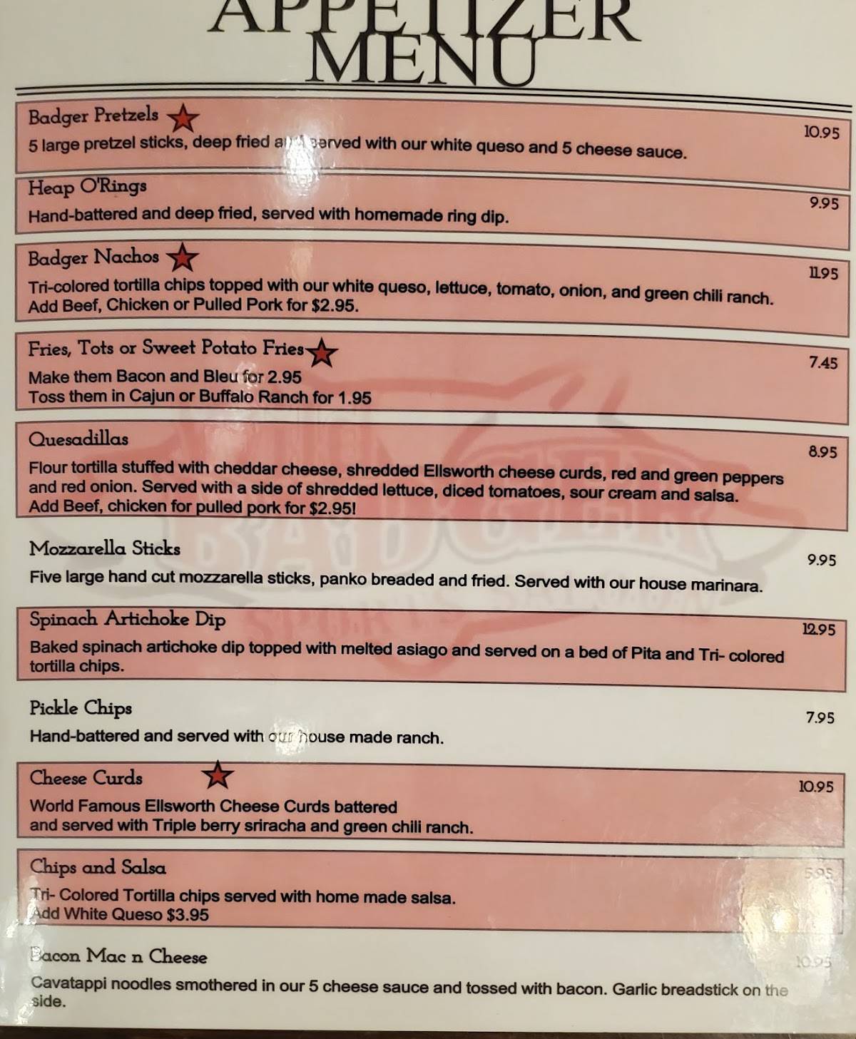 Menu at Wild Badger Sports Saloon pub & bar, New Richmond