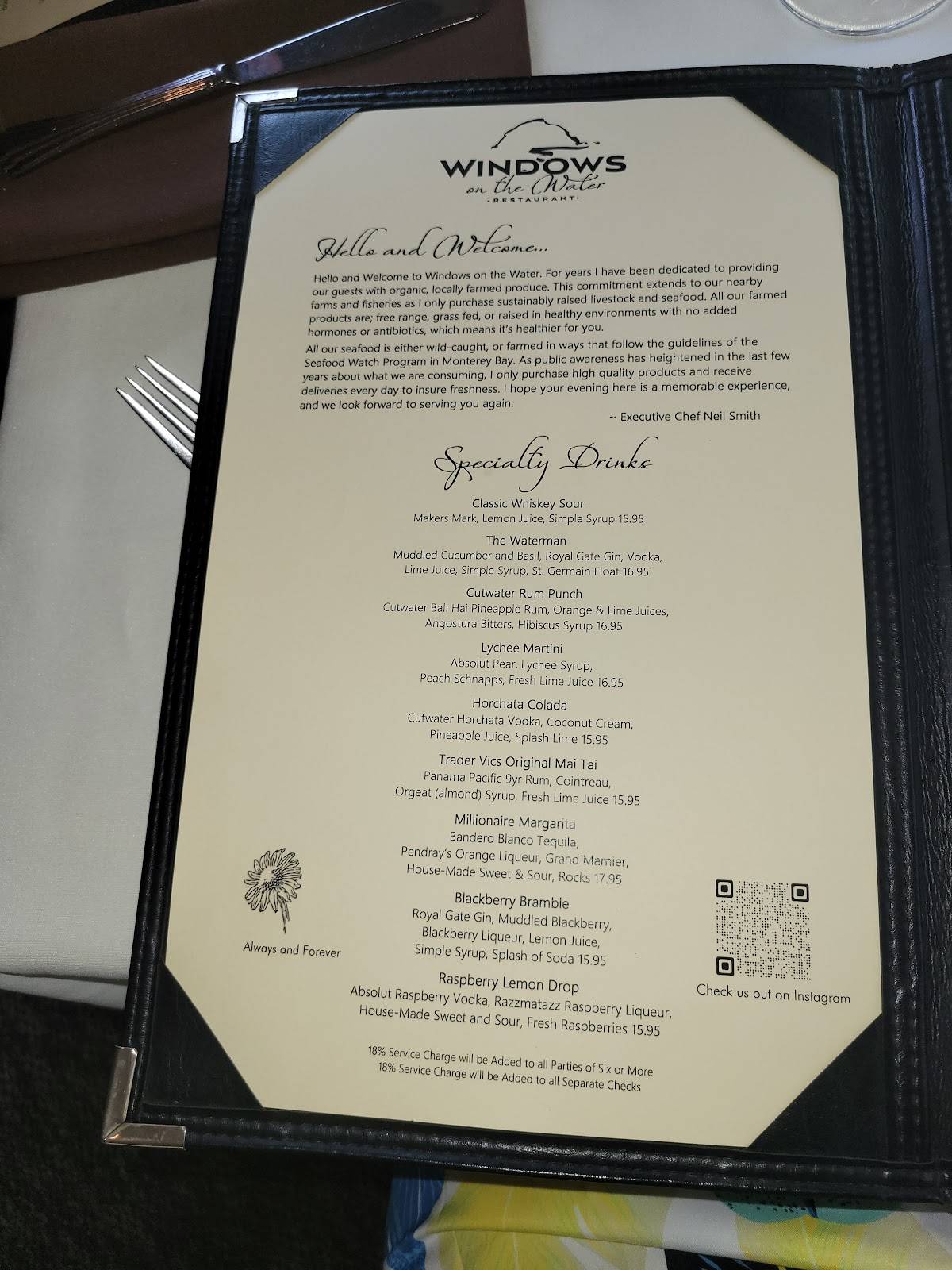 Menu at Windows On the Water restaurant, Morro Bay, 699 Embarcadero #7