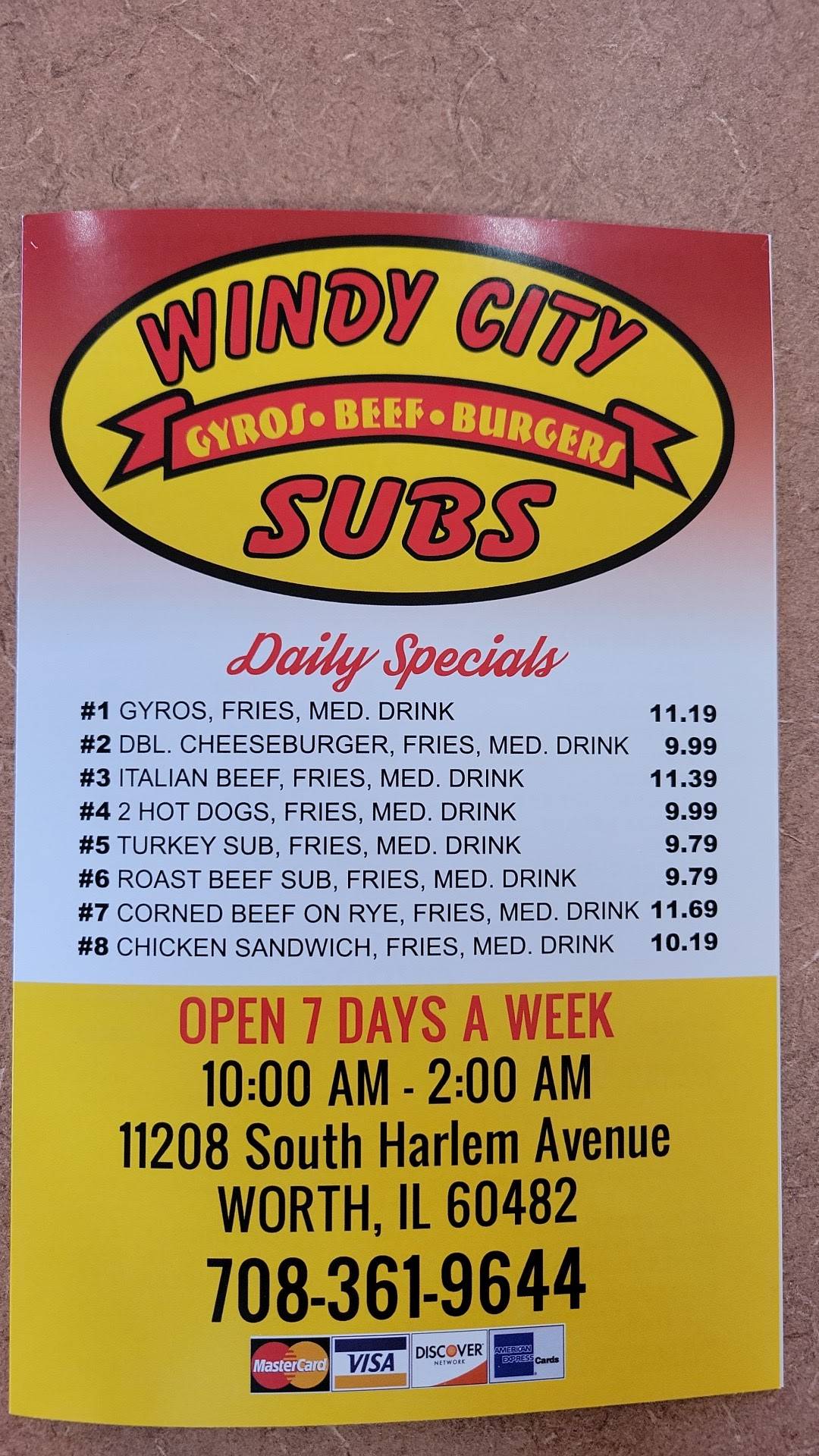 Menu at Windy City Subs fast food, Worth, S Harlem Ave