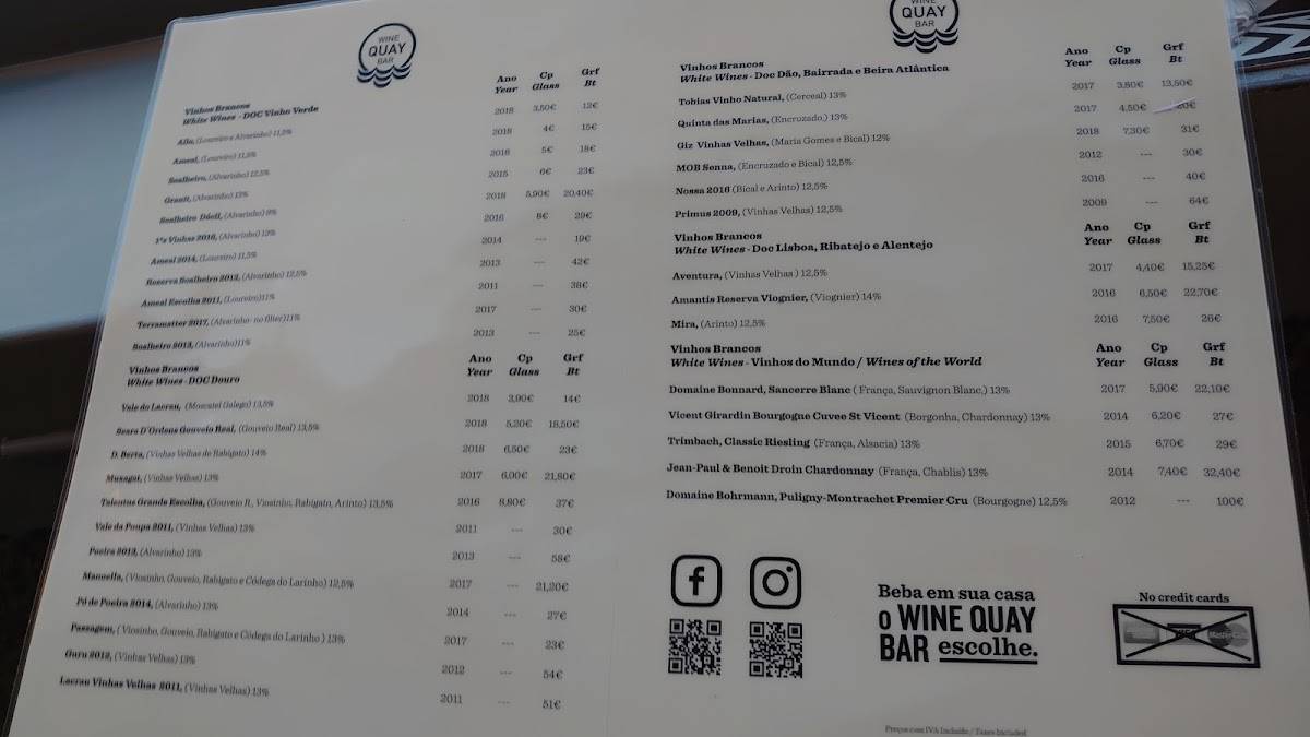 Menu at Wine Quay Bar, Porto