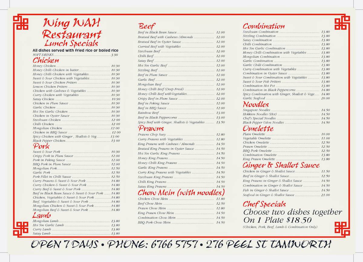 Menu at Wing Wah Restaurant, Tamworth