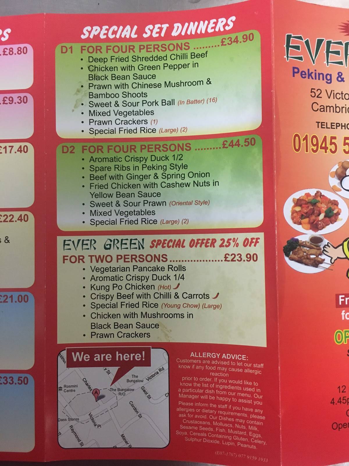 Menu at Evergreen fast food, Wisbech