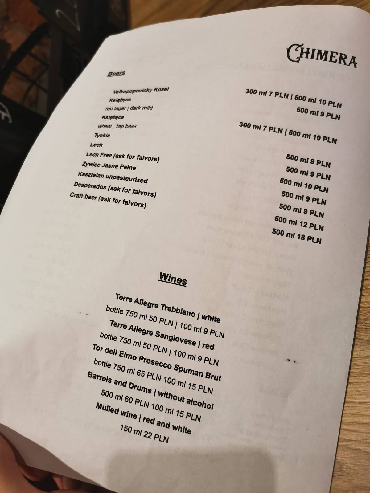 Menu at Chimera restaurant, Wloclawek