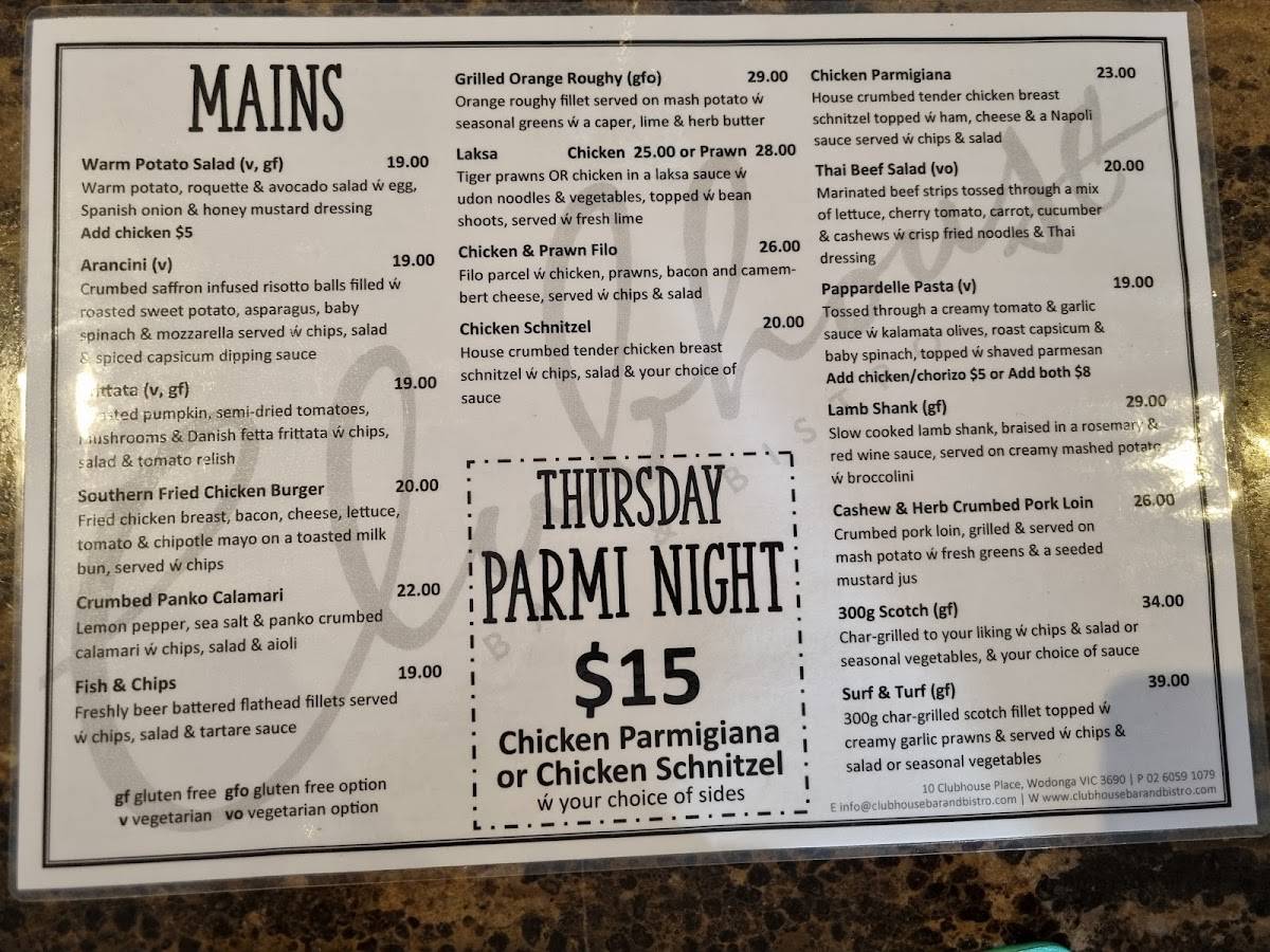 Menu at Wodonga Golf Club Clubhouse Bar & Bistro, West Wodonga
