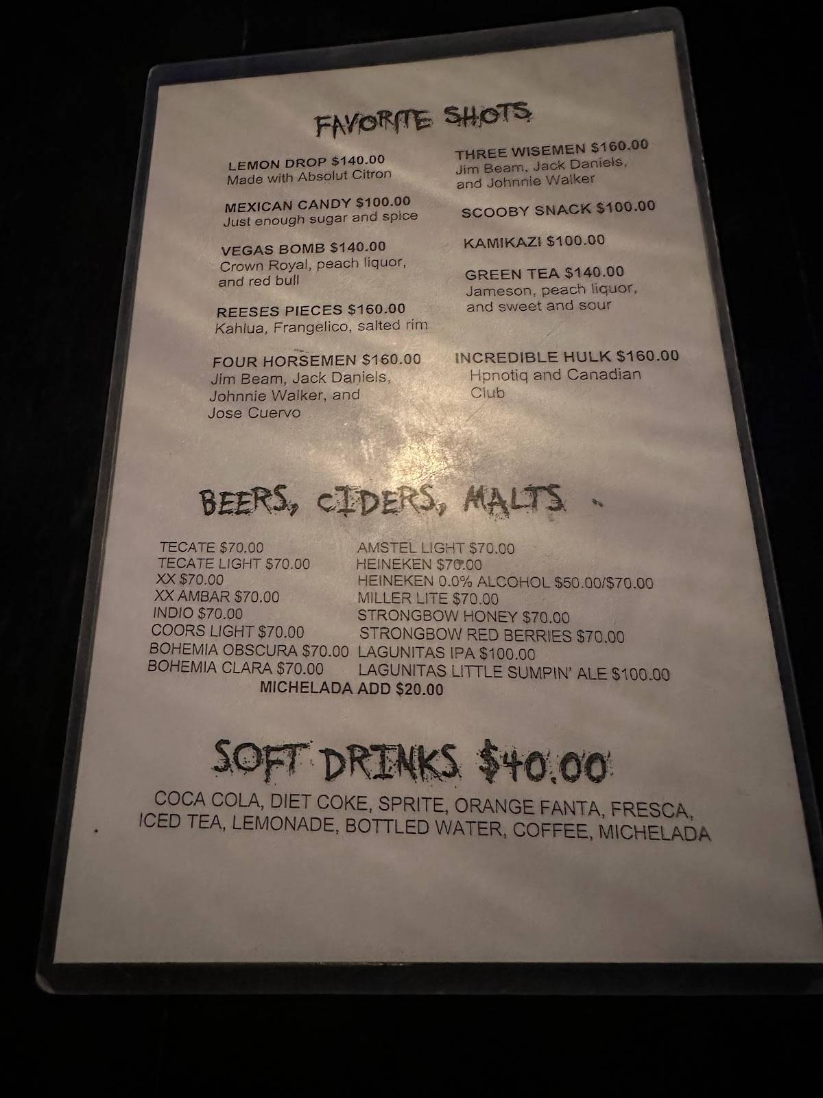 Menu at Wrecked at the Reef pub & bar, Puerto Peñasco