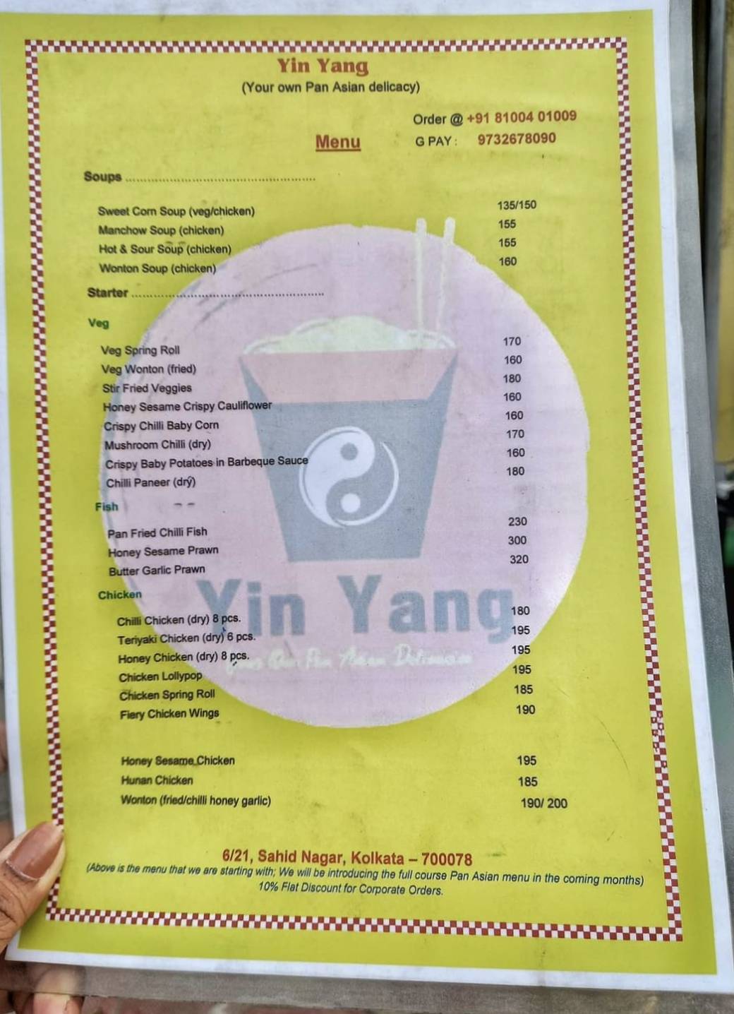 Menu at Yin Yang, Pan Asian Delicacy, Kolkata