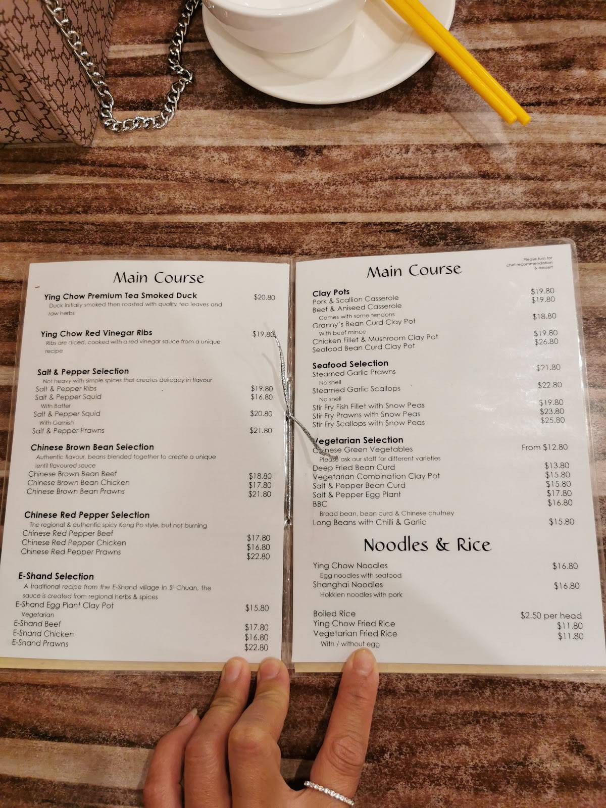 Menu at Ying Chow Chinese Restaurant, Adelaide