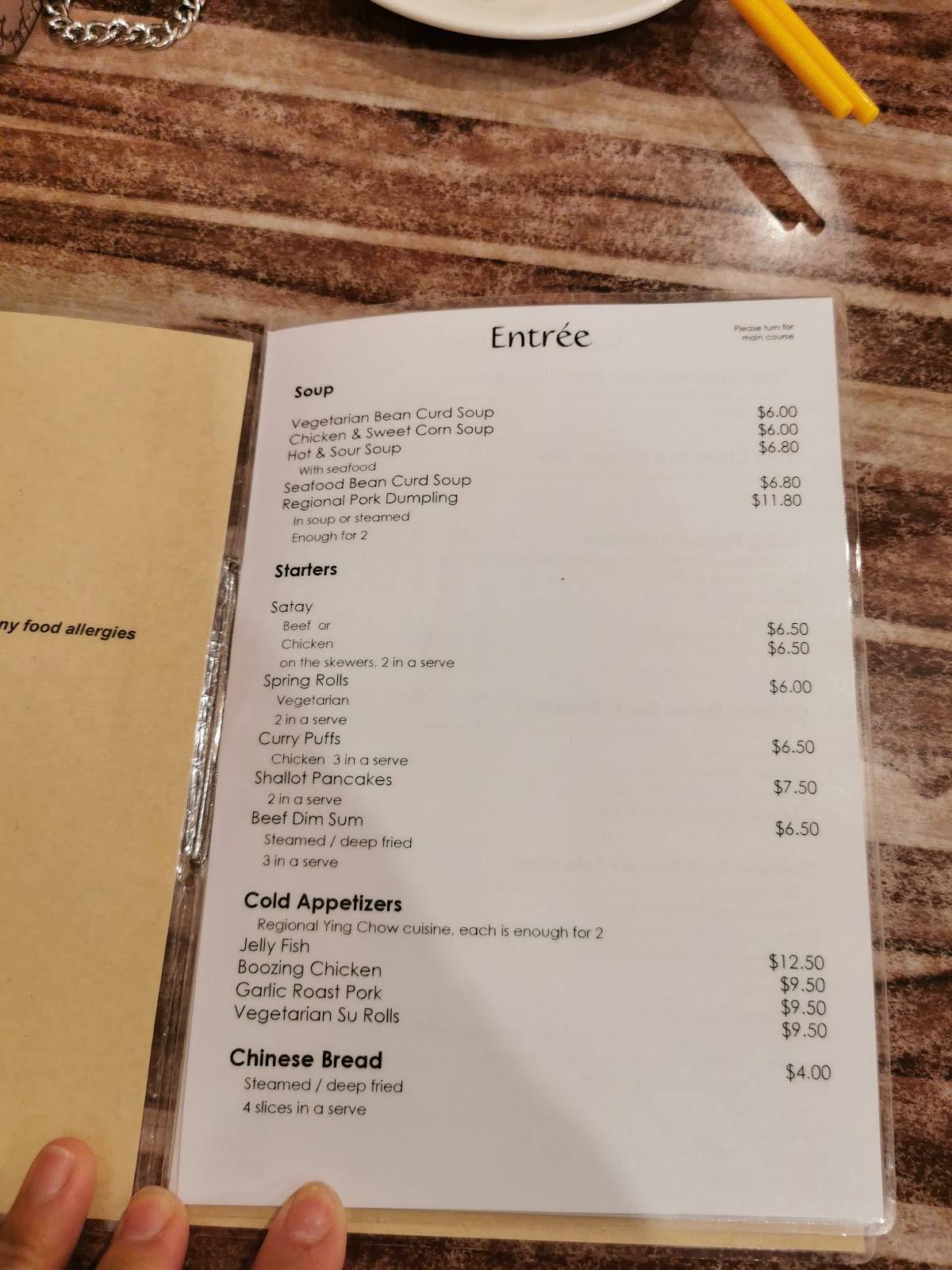 Menu at Ying Chow Chinese Restaurant, Adelaide